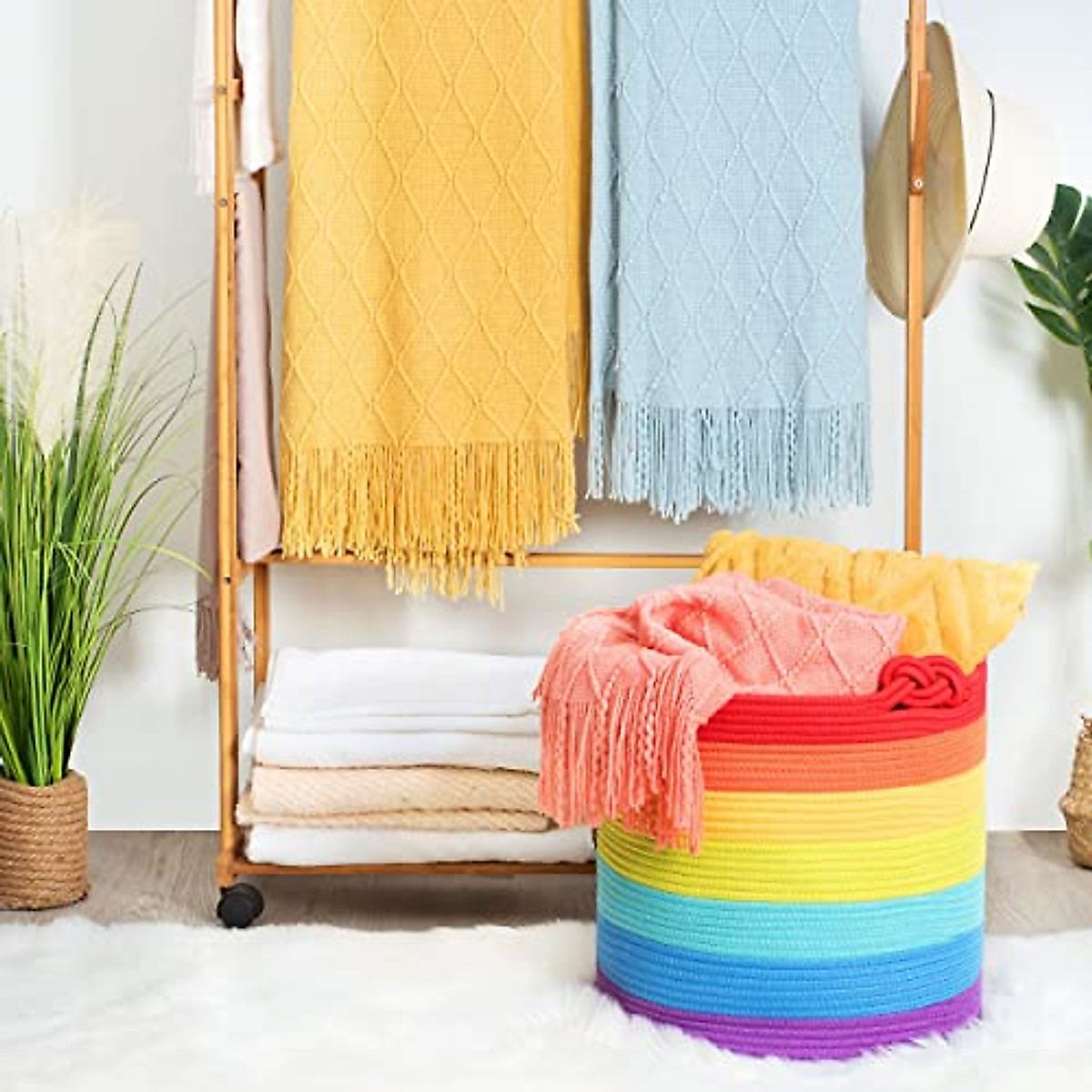 MINTWOOD Design 15 x 14.2 Inches Woven Cotton Rope Storage Basket, Stuffed Toy Basket Bin, Laundry Basket Hamper, Nursery Basket, Dog Toy Basket, Blanket Basket, Gift Basket, Rainbow
