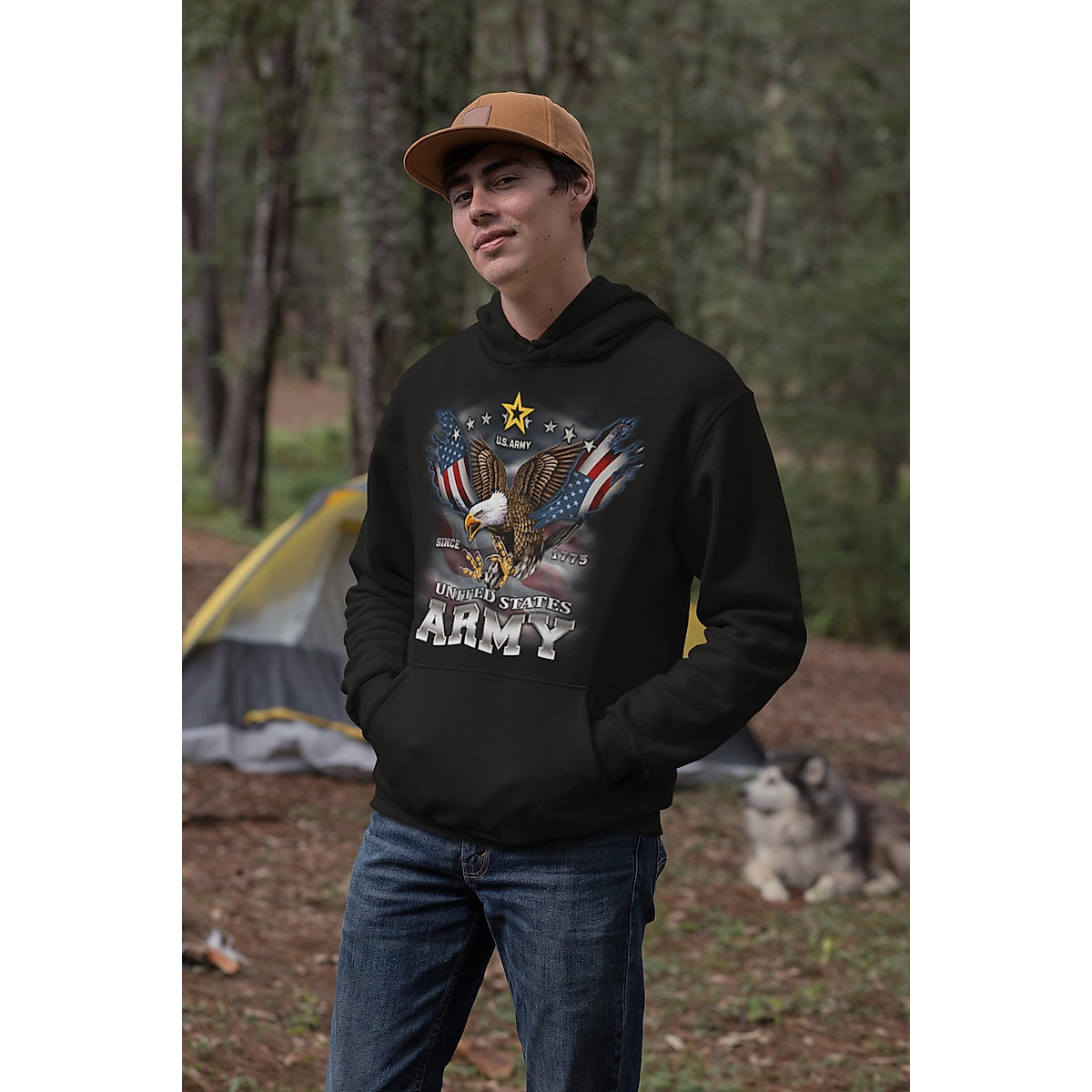 Lucky Ride US ARMY HOODIE Since 1775 Eagle with American Flag Wings Sweatshirt, Black, XL