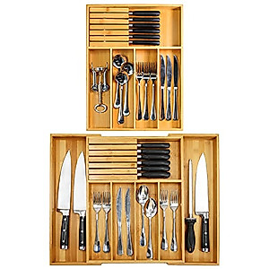 Bamboo Silverware Drawer Organizer with Knife Block Set