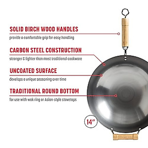 JOYCE CHEN Classic Series 14-Inch Round Bottom Carbon Steel Wok with Birch Handles