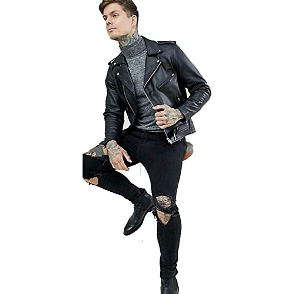 Lishow Fashion Men's Biker Rider Motorcycle Motorbike Rocker Retro Genuine Cowhide Leather jacket By Reclaimed Vintage (US, Alpha, Small, Regular, Regular, Black)