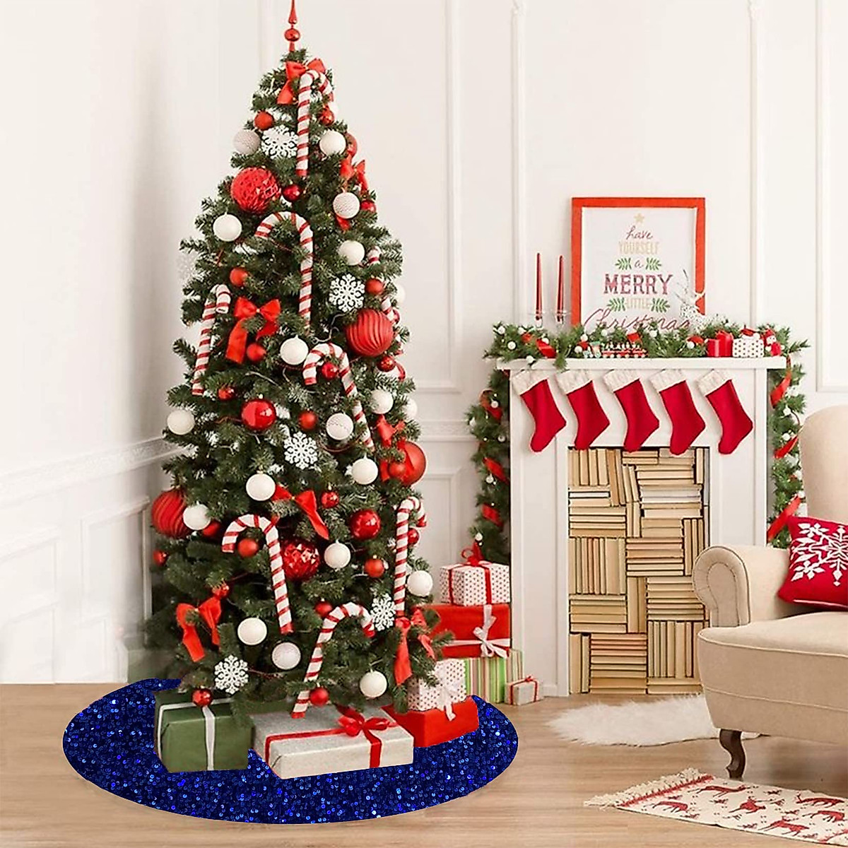 FUHSY Royal Blue 36 Inches Sequin Christmas Tree Skirt Velvet Glitter Personalized Tree Skirts Blue Tree Skirt Sparkle Christmas Skirt Tree for Halloween 6FT Christmas Tree Decorations Ornaments