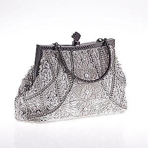 Womens Vintage Jewels Beaded Evening Clutch Bag Top-handle Prom Party Purse Formal Handbag(Silver)