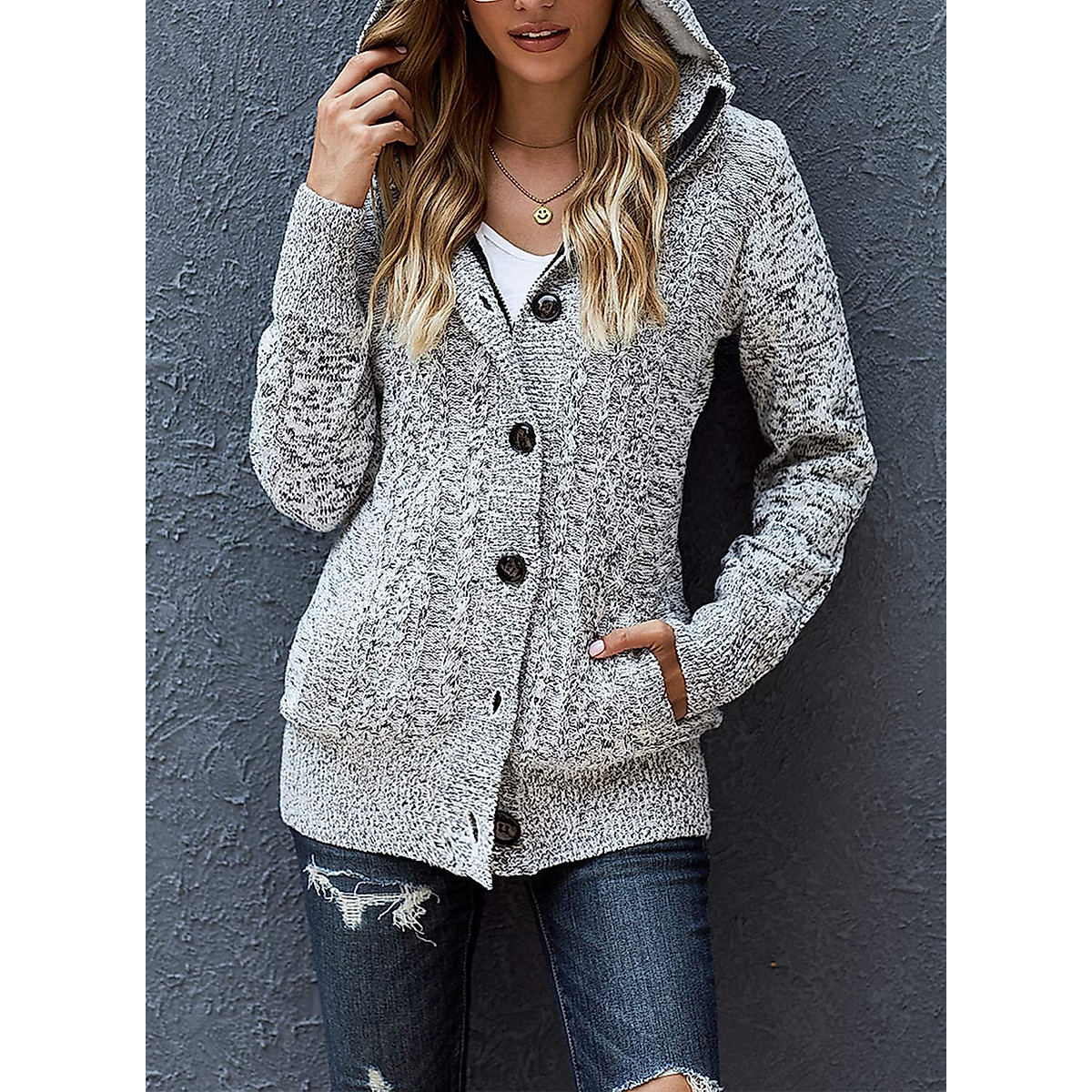 Sidefeel Women's Cardigan Hooded Fleece Lined Jackets Winter Cable Knit Sweater Coat Large Grey