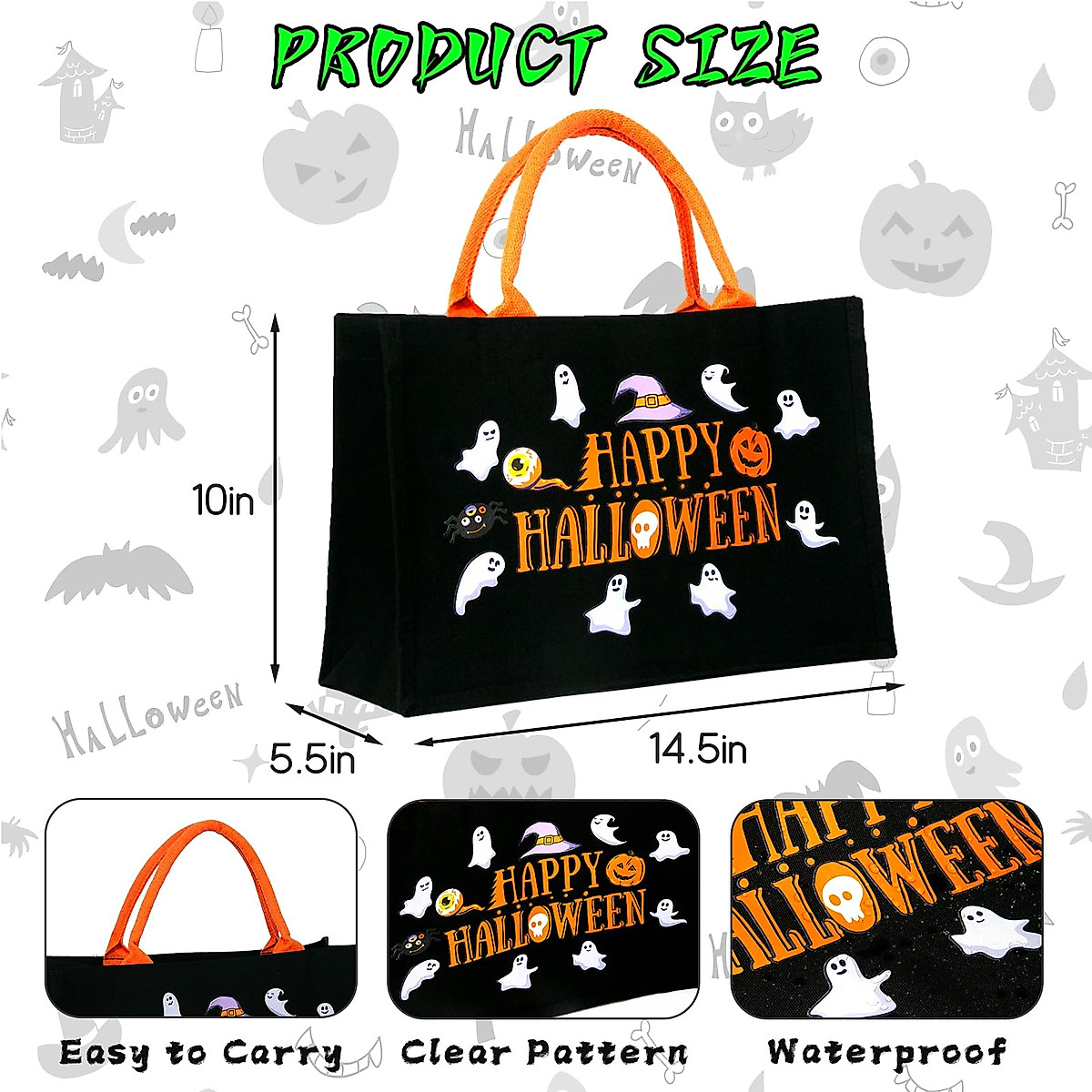 Mhtdet 2PCS Halloween Trick or Treat Bags, Glow in The Dark Halloween Candy Tote Bag with Handle, Halloween Canvas Tote Bag, Reusable Halloween Bags for Trick or Treating, Halloween Party