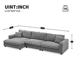 Modern Oversized Corduroy Sectional Sofa with USB Charging Port,Cup Holder, Deep Seat Couch Sleeper Bed with 50" Chaise, Gray