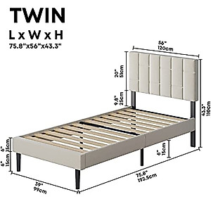 LIKIMIO Twin Platform Bed Frame, Modern Upholstered Bed with Headboard and Wood Slat Support, Noise-Free, No Box Spring Needed, Beige