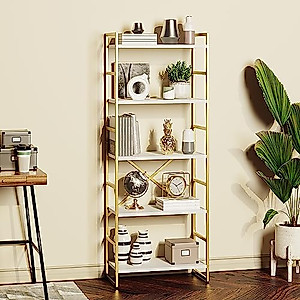 Shintenchi 5 Tiers Bookshelf, Classically Tall Bookcase Shelf, Industrial Book Rack, Modern Book Holder in Bedroom/Living Room/Home/Office, Storage Rack Shelves for Books/Movies,Gold