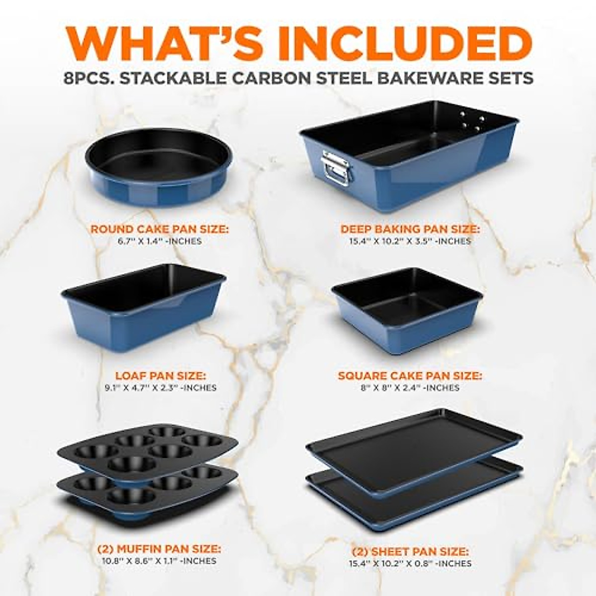 NutriChef 8-Piece Nonstick Stackable Bakeware Set - PFOA, PFOS, PTFE Free Baking Tray Set w/Non-Stick Coating, 450°F Oven Safe, Round Cake, Loaf, Muffin, Wide/Square Pans, Cookie Sheet (Blue)