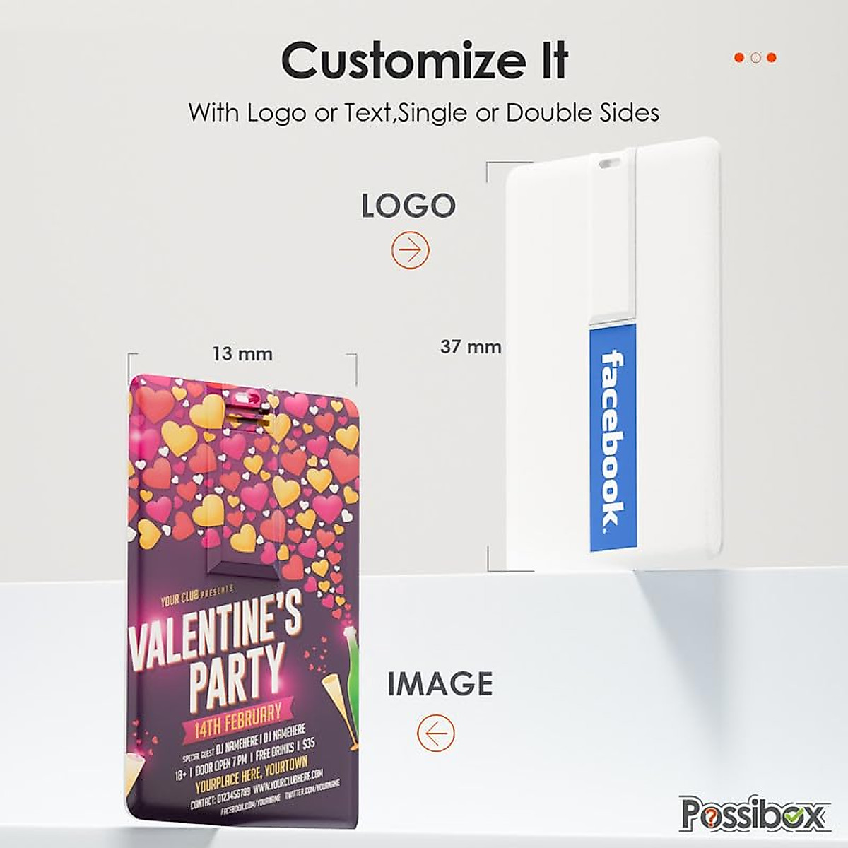 Possibox Custom Credit Card USB Flash Drive 32GB Imprinted with Your Logo - as Promotional Gift - Bulk - Customizable 100 Pack