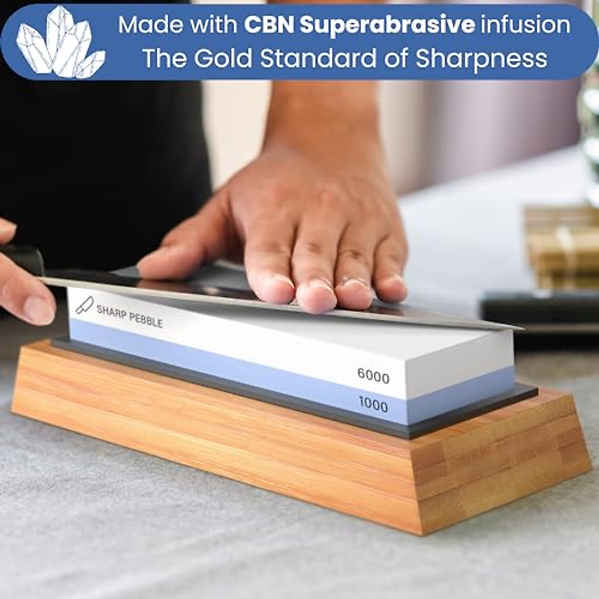 Sharp Pebble Premium Whetstone Knife Sharpening Stone 2 Side Grit 1000/6000 Waterstone- Whetstone Knife Sharpener- NonSlip Bamboo Base & Angle Guide