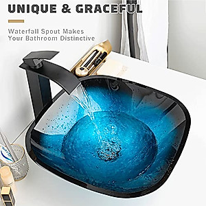 KLINCAIR Bathroom Vessel Bowl Sink Faucet Matte Black, 11 Inch Tall Waterfall Spout Single Handle & Single Hole Deck Mount Lavatory Vanity Mixer Tap with Pop up Sink Drain with Strainer Hair Catcher