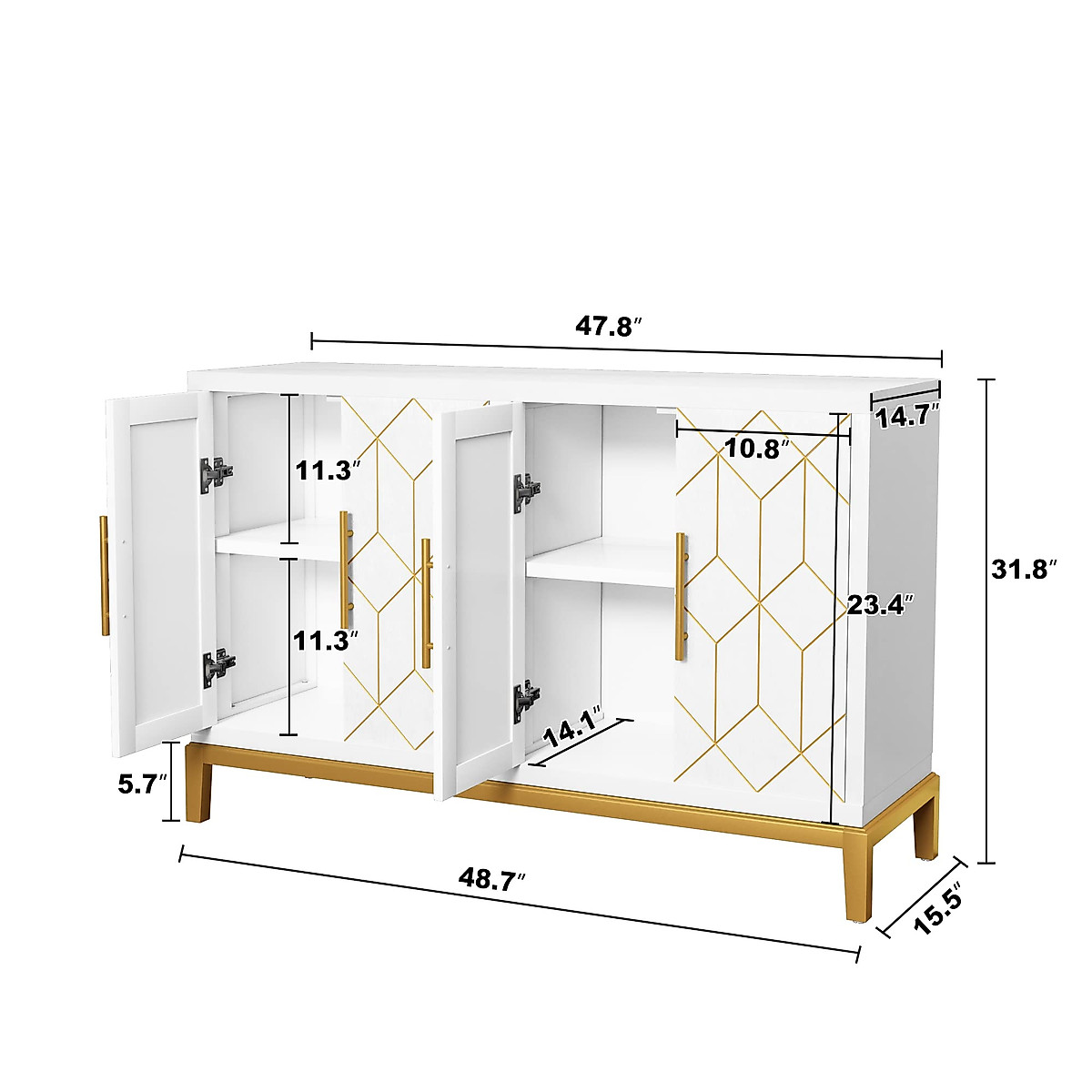 HLR Accent Cabinet with 4 Doors and Shelves, Sideboard Buffet Cabinet with Gold Lines, Modern Credenza Storage Decorative Cabinet for Living Room, Entryway, Kitchen, Dining Room, White