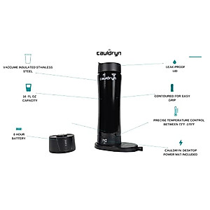 Cauldryn Coffee Temperature Control Travel Coffee Mug and Desktop Warmer, Smartphone via Bluetooth Control, Long Lasting Battery Powered Heated Portable Smart Mug, Stainless Steel, 16 oz, Black