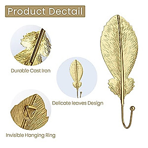 ORYOUGO Set of 8 Decorative Leaves Iron Hooks Plant Modern Key Holder Wall Mounted Single Prong Coat Hanger for Hallways, Living Room, Green+Gold