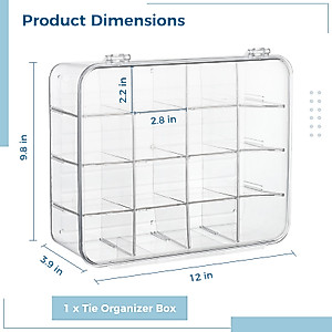 Varku Tie Organizer Box, 16-Cell Clear Tie Rack Organizer, Stackable Tie Display Rack, Drawer Closet Storage Bin with Lid, Storage Box for Ties
