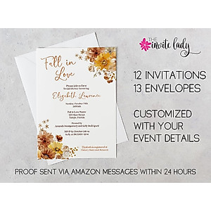 Fall Bridal Shower Invitations Wedding Invites Fall in Love Autumn Floral Flowers Orange Yellow Couples Shower Customized Personalized Custom Printed Cards (12 count)