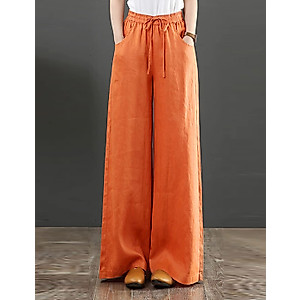 Hongsui Women's Cotton Linen Palazzo Pants Drawstring Waist Wide Leg Loose Trousers with Pockets Orange