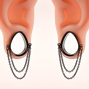 Atomhole 2PCS Cute Teardrop Ear Gauges with Chains Hypoallergenic 316 Stainless Steel Plugs for Ears Tunnels Piercing Expander Stretchers Body Jewelry (16mm(5/8"), Black)