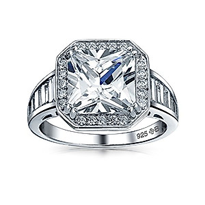 Personalize Art Deco Style 5CT AAA CZ Side Baguette Stones Halo Square Promise Solitaire Princess Cut Engagement Ring For Women .925 Sterling Silver Custom Engraved