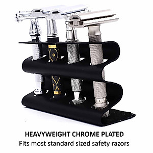 Parker Double Edge Razor Stand – Solid Brass with Black Finish –Holds 4 Razors – Parker Stand with Padded Base – Excellent Storage for Long Handled Double Edge Safety Razors