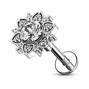 Forbidden Body Jewelry 16g 8mm Internally Threaded Cartilage, Tragus, Labret, Monroe Stud w/CZ Floral Top, Rhodium Plated