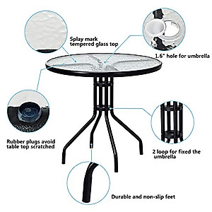 Goplus 32" Outdoor Round Patio Table with Umbrella Hole, All Weather Dining Table Tempered Glass Top, Bistro Table Coffee Table Furniture Commercial Party Event for Backyard Lawn Balcony Pool