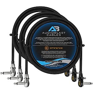 3 Units - 4 Foot - Audioblast HQ-1-BRAID(Black)-Flexible-Dual Shielded(100%)-Instrument Effects Pedal Patch Cable w/ ¼ inch (6.35mm) Low-Profile, R/A Pancake Type TS Connectors & Dual Staggered Boots