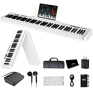 Folding Piano Keyboard, 88 Keys Full Size Semi-Weighted Foldable Piano, Support MIDI Bluetooth Portable Piano with LCD Screen Sheet Music Stand Sticker Sustain Pedal for Beginners Kids (White)