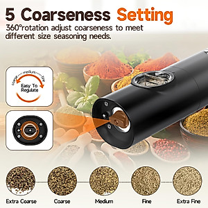 Electric Salt and Pepper Grinder Set (2 Pack), USB Rechargeable One Hand Operation, Adjustable Coarseness Mill Grinders Shakers LED Light, Automatic Pepper Grinder for Kitchen Gadgets Gifts