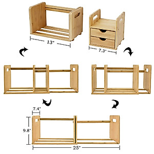 WELLAND Expandable Desktop Bookshelf Bamboo Desk Organizer with 2 Storage Drawers for Office and Home