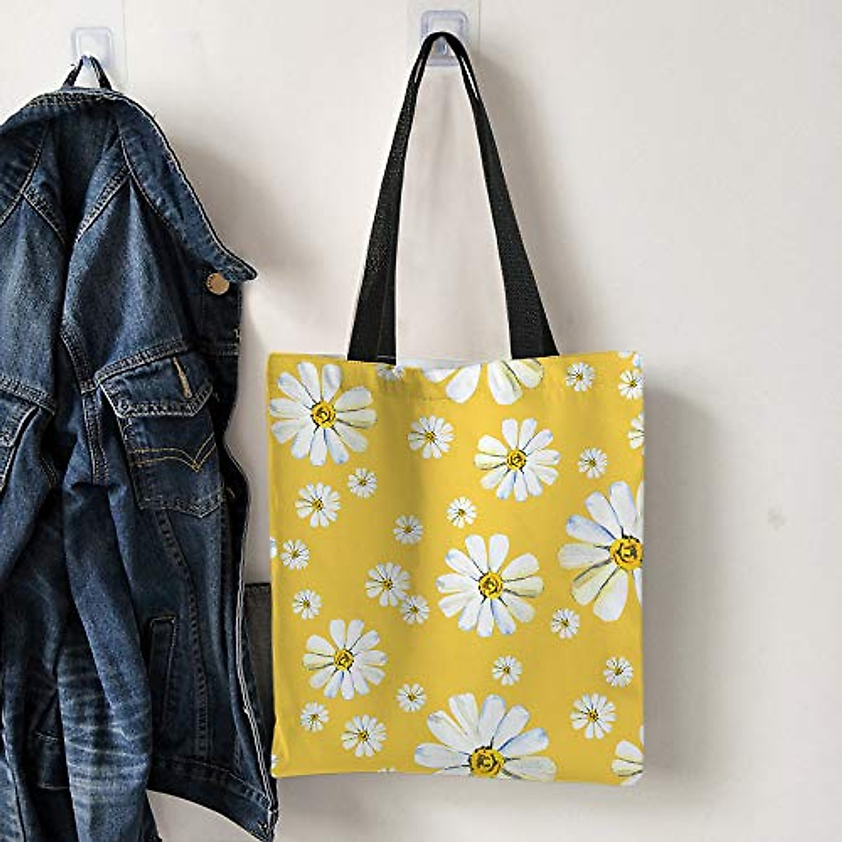 Moslion White Daisy Canvas Bags Camomile Flower in Yellow Garden Botanical Plant Floral Tote Bags Laptop Bags Large Bulk Reusable for Women Men Work Study 15x16 Inch