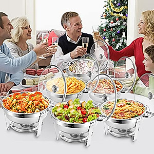 BriSunshine 6 Packs 5 QT Chafing Dish Buffet Set, Stainless Steel Round Chafer Sets with Glass Lid & Lid Holder, Food Warmer For Parties Weddings Catering