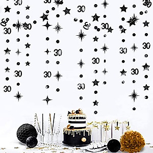 Black 30th Birthday Decorations Number 30 Circle Dot Twinkle Star Garland Metallic Hanging Streamer Bunting Banner Backdrop for Mens Womens Happy Dirty 30 Year Old Thirty Anniversary Party Supplies