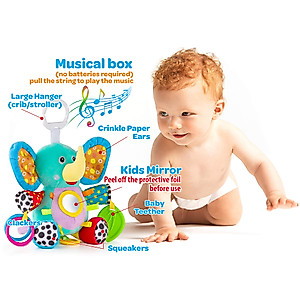 OKIKI Elephant Plush Stuffed Infant Toy, Baby Development Toys with Musical Box, Squeaky Feet, Kids Mirror, BPA Free Teether - Stroller, Crib, Carseat Baby Toys