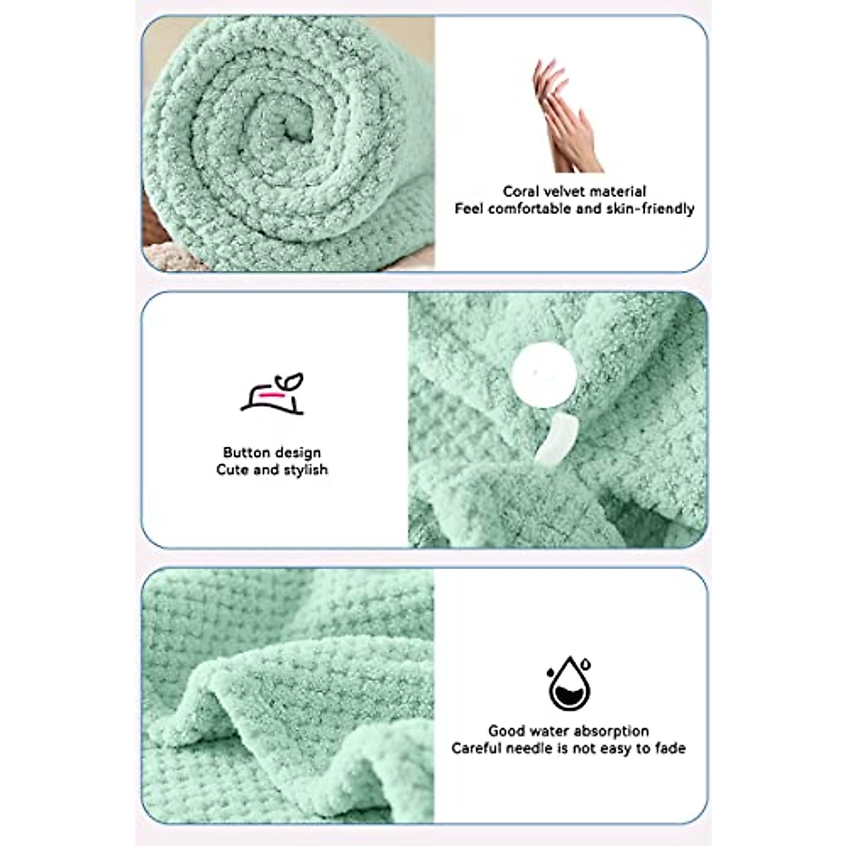 MaopaoBeauty 2 Pack Microfiber Towel for Hair Drying, Super Absorbent Turbie Twist Hair Towels with Double Buttons, Hair Wrap Towels for Curly Hair, Hair Turbans for Wet Hair (Beige&Green)