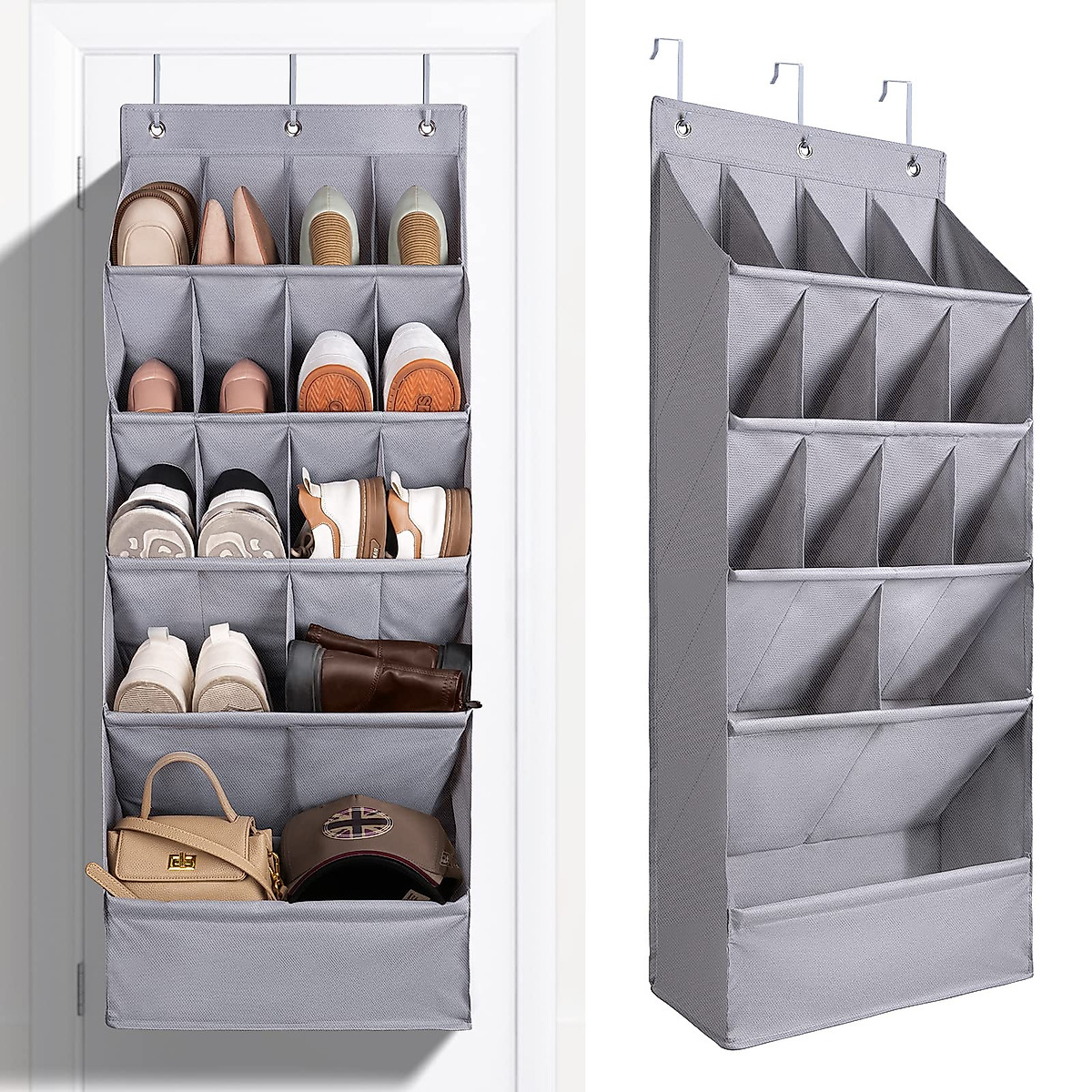FENTEC 1 Pack Over-the-Door-Shoe-Organizers, Hanging Shoe Organizers with Large Pocket Shoe Holder Hanging Shoe Rack for Closet Shoe Organizer for Wall, Over Door Organizer with 15 Pockets Grey