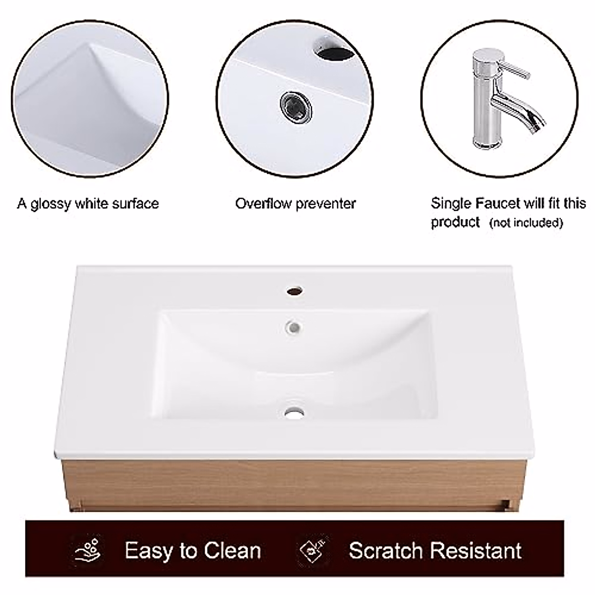 Ymlpre Floating Bathroom Vanity 36 Inch, Wall Mounted Bathroom Cabinet Sink Combo Set with 2 Doors, Ceramic Basin Sink Float Mounting Bathroom Vanity Cabinet for Washroom, 36 Inch Light Oak