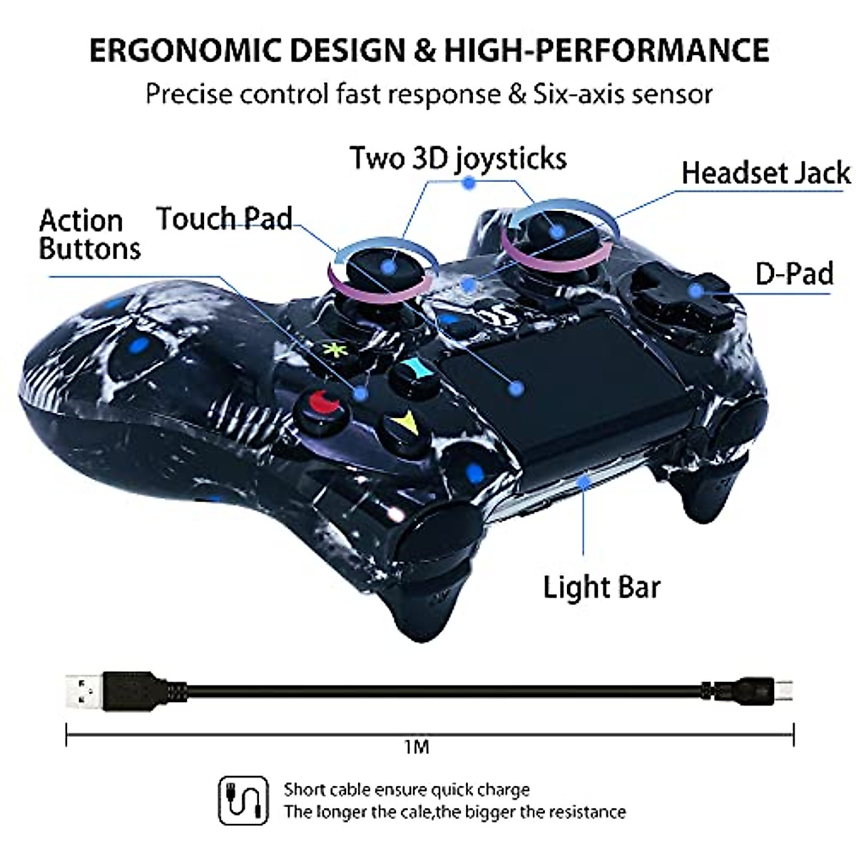 Wireless Controller for PS4,Black Ghost Style High Performance Double Vibration Controller Compatible with Playstation 4 /Pro/Slim/PC with Sensitive Touch Pad,Audio Function, Mini LED Indicator