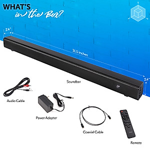 Pyle TV Speaker - Quality Audio Soundbar for TV with Bluetooth, Support 4K & HDMI TV's, Wall Mountable, 32" w/Remote Control, Coaxial & RCA Cables, Class D Stereo Power Digital Amplifier - PSBV30BT