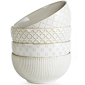 getstar Ceramic Soup Bowls, Cereal Bowl Set of 4 with Assorted Embossment (6.1 inch & 30 oz), Farmhouse Vintage Color Bowls for Kitchen