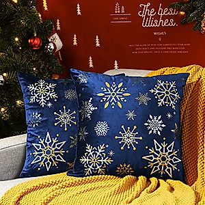 Lewondr Christmas Throw Pillow Covers, Snowflake Embroidery Hot Stamping Pattern Pillowcases Home Xmas Decorative Cushion Covers Soft for Sofa Bed Chair, 2 Pack, Navy Blue