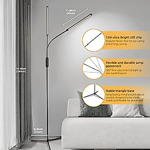 Aisilan Adjustable Floor Lamp with Remote&Touch Control, 12W Gooseneck Standing Lamp, 5-Color&5 Brightness Dimmable, Black Reading Tall Pole Light with Timer, Memory Function, for Living Room Bedroom