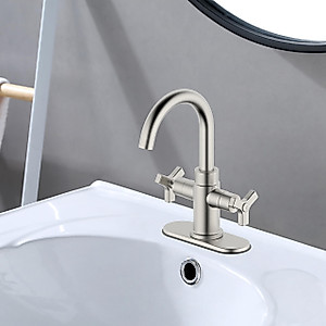Derengge Two-Handle Bathroom Sink Faucet with Deck Plate,1 Hole or 3 Hole Bathroom Faucet with Plastic Pop-Up Drain,Brushed Nickel PVD Finished,LF-T0081-BN