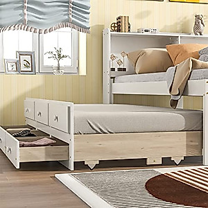 Bellemave Full Bed with Trundle & Storage Drawers Wood Captain's Bed Frame with Bookcase Headboard & Slat Support for Kids Boys Girls Teens, Full Size, White