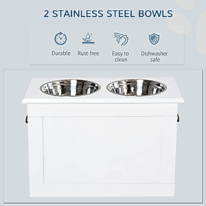 PawHut Raised Pet Feeding Storage Station with 2 Stainless Steel Bowls Base for Large Dogs and Other Large Pets, White