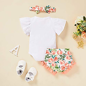 Newborn Baby Girls Clothes Ruffles Summer Romper Floral Bottoms Shorts 3pcs Outfits(Peach,0-3M)