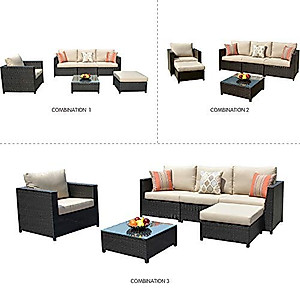 ovios 6 Pieces Patio Furniture Set, Outdoor Wicker Rattan Sectional Sofa Set with Comfy Cushions, All Weather Assembled Furniture Set, No Assembly, Brown Wicker, Beige Cushion