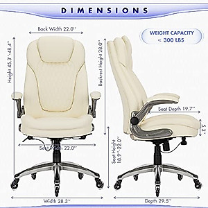 COLAMY 6686 High Back Executive Ergonomic Computer Desk Padded Flip-up Arms, Thick Bonded Soft Leather, Modern Office Chair with Upgraded Casters for Swivel Rolling (Ivory, 300lbs)