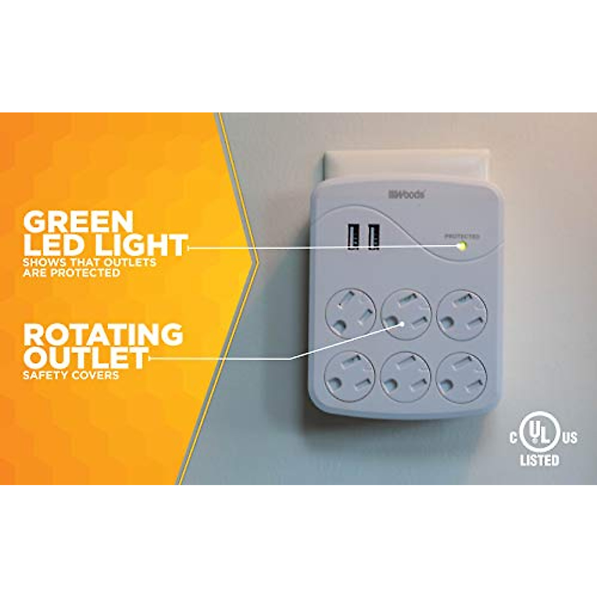 Woods 41079 Surge Protector with 6 Outlets and 2 USB Type A Ports with 1000J of Protection, White